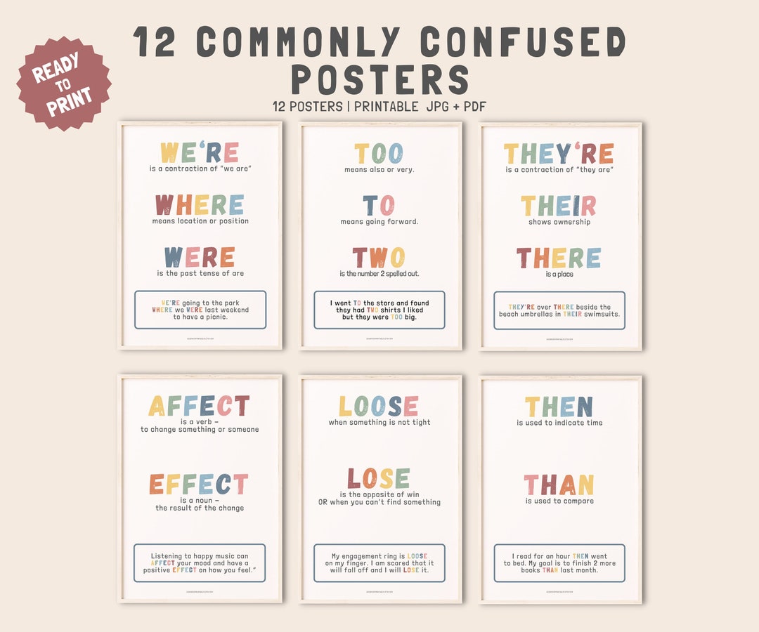 English Teacher Classroom Poster Set of 12, Commonly Confused Words ...