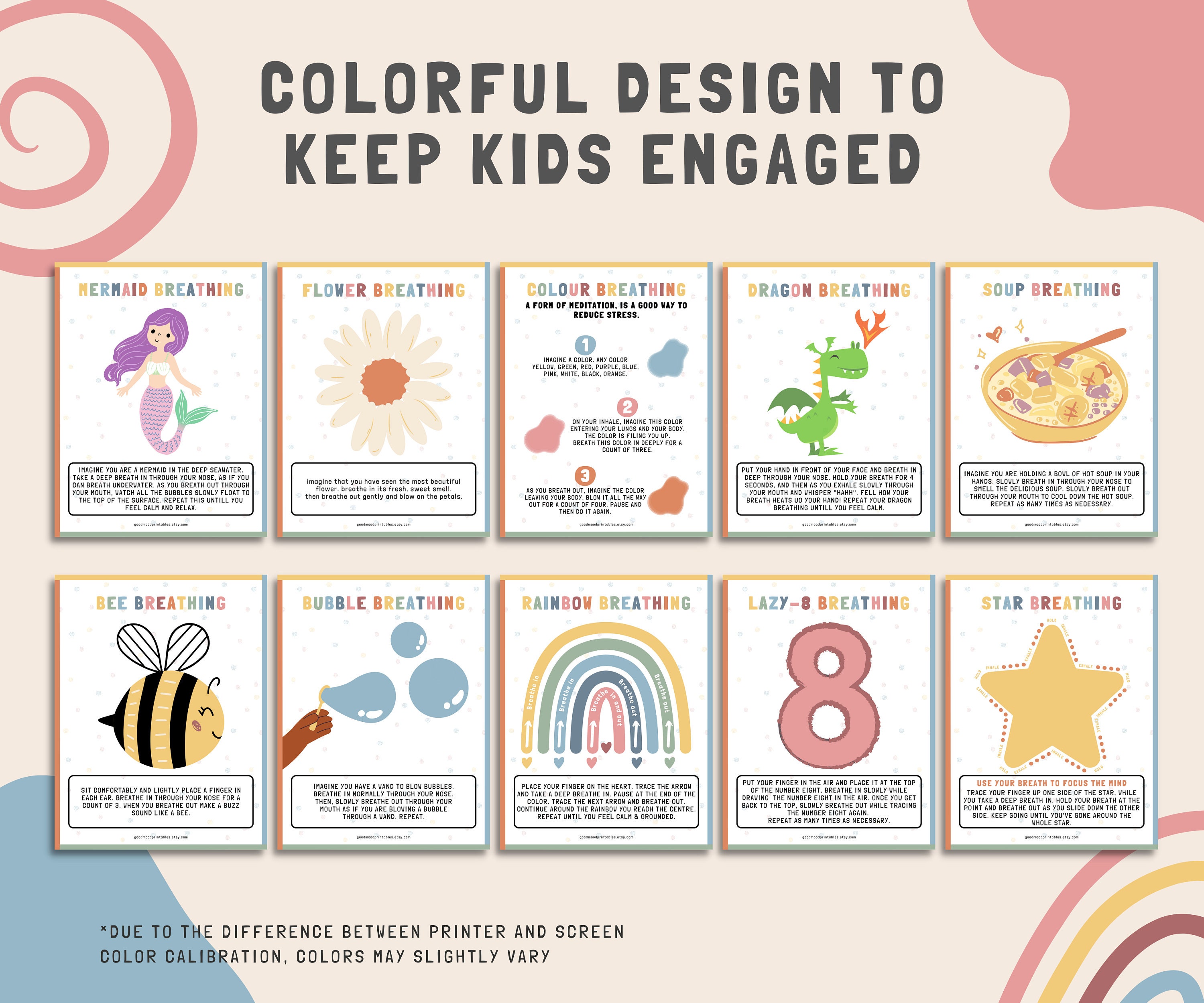 10 Mindful Breathing Posters Bundle for Kids Teens, Calm Down Corner ...