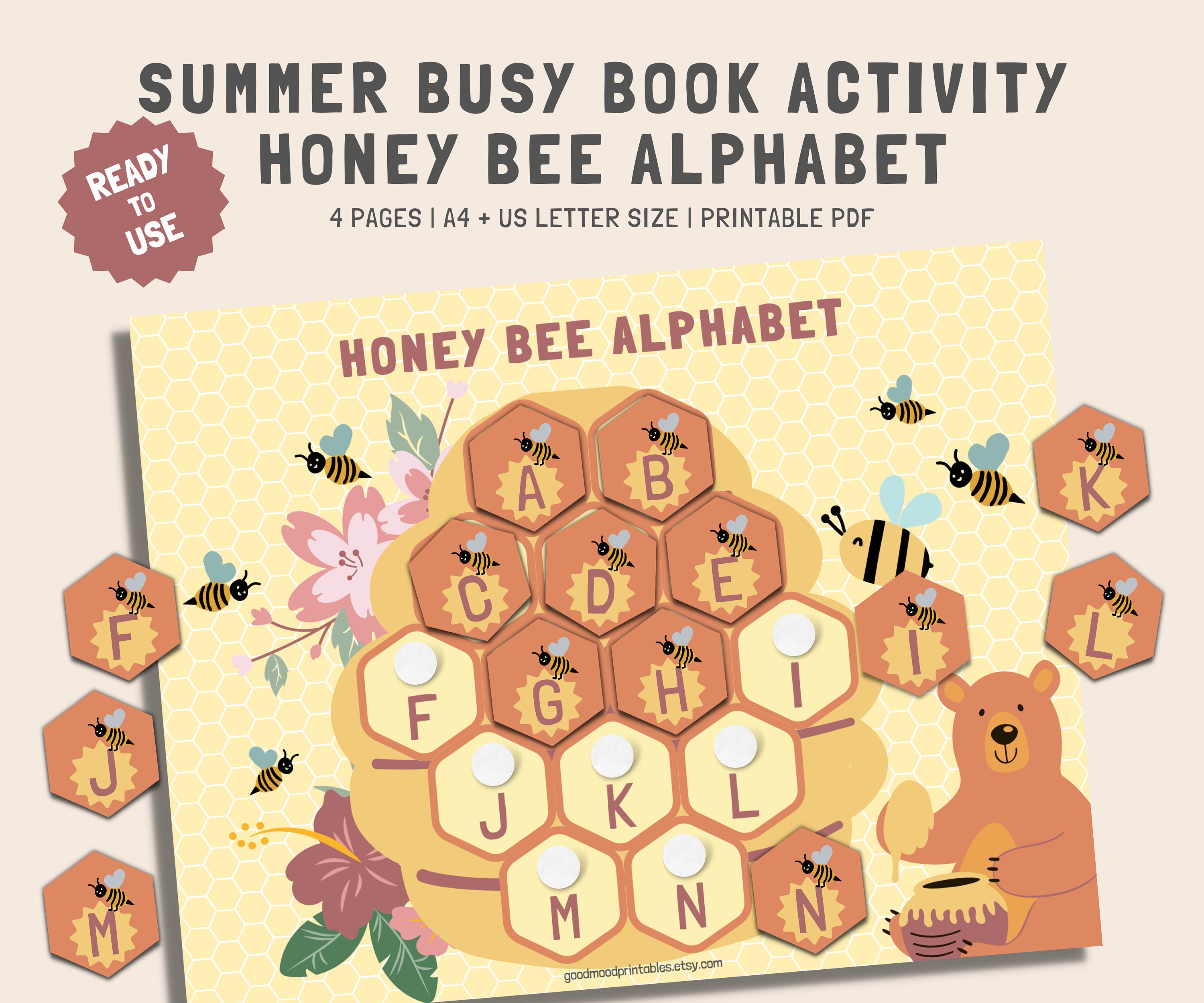Honey Bee Alphabet Activity, Preschool Printable Busy Book Activity ...