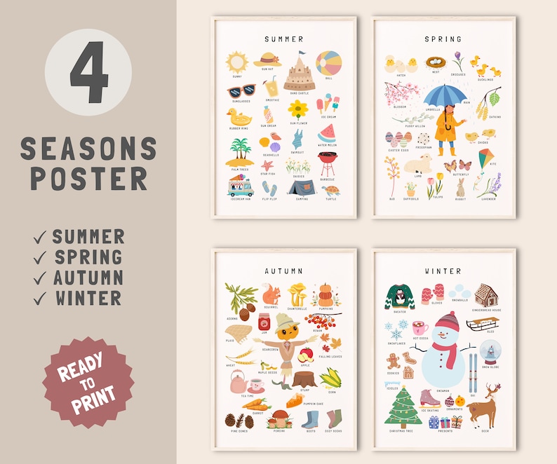 Four Seasons Print Set, Spring, Summer, Autumn, Winter Poster, Nursery ...