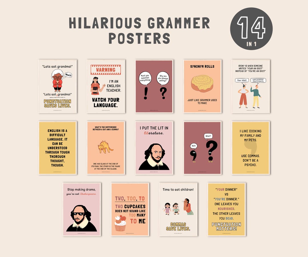 Funny English Classroom Posters (set of 14), Grammar Punctuation Poster ...