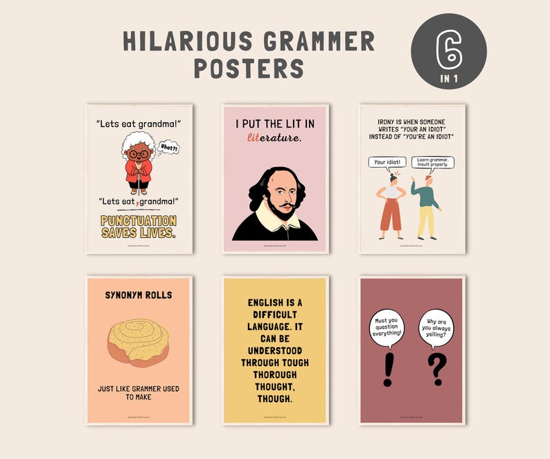 Funny English Classroom Posters (set of 6), Grammar Punctuation Poster ...