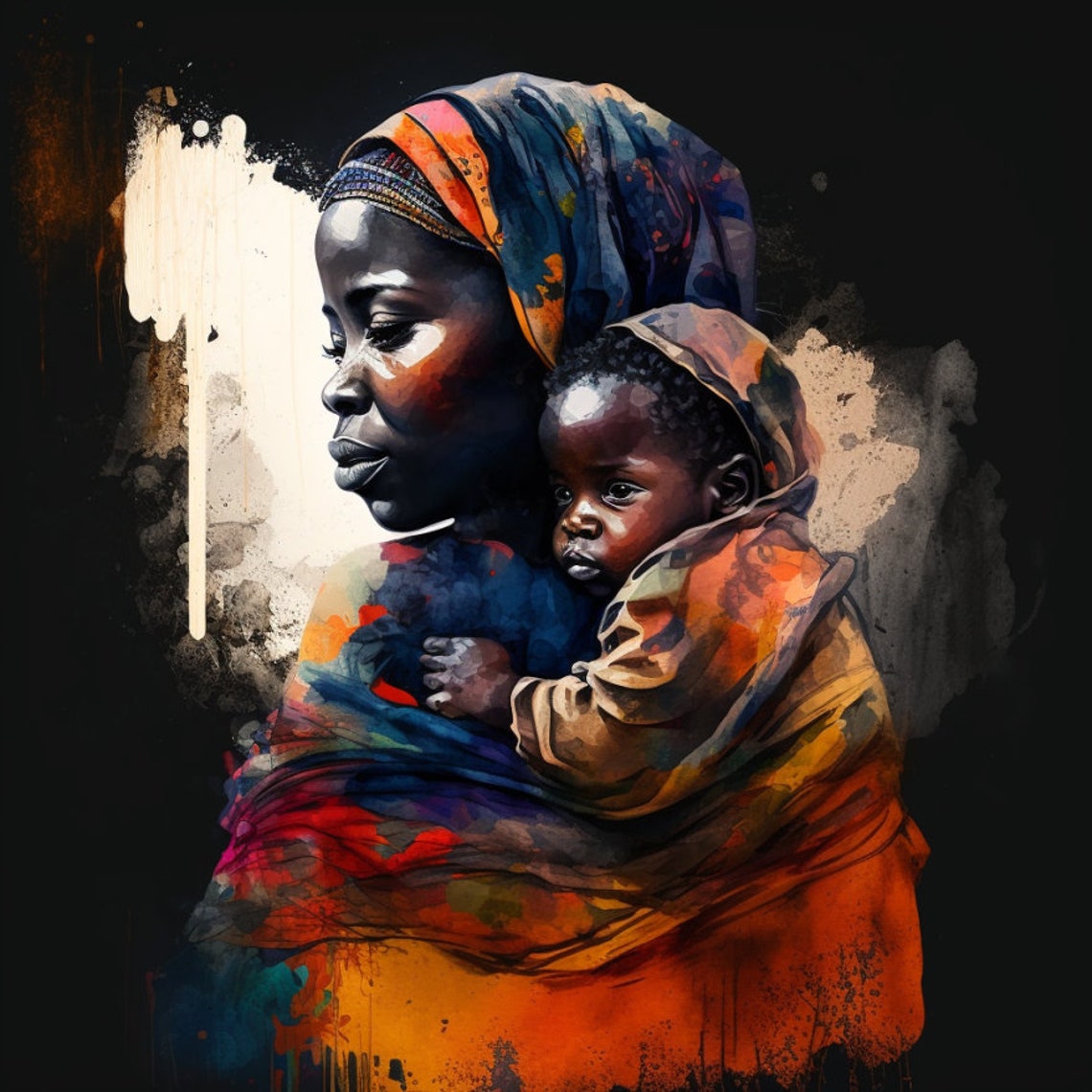 African American Mother and Child Watercolor Digital Art Digital Art ...