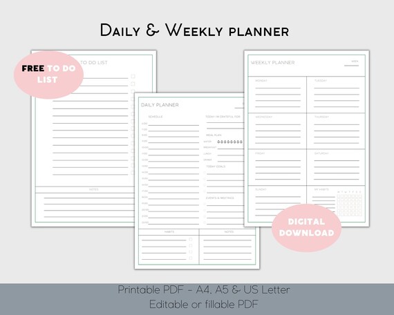 Digital Daily & Weekly Planner Printable to Do List A4 - Etsy
