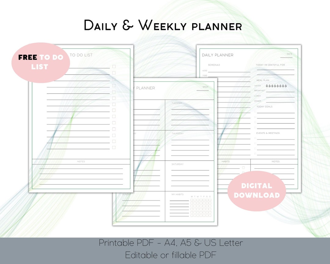 Digital Daily & Weekly Planner Printable to Do List A4, A5, Letter ...