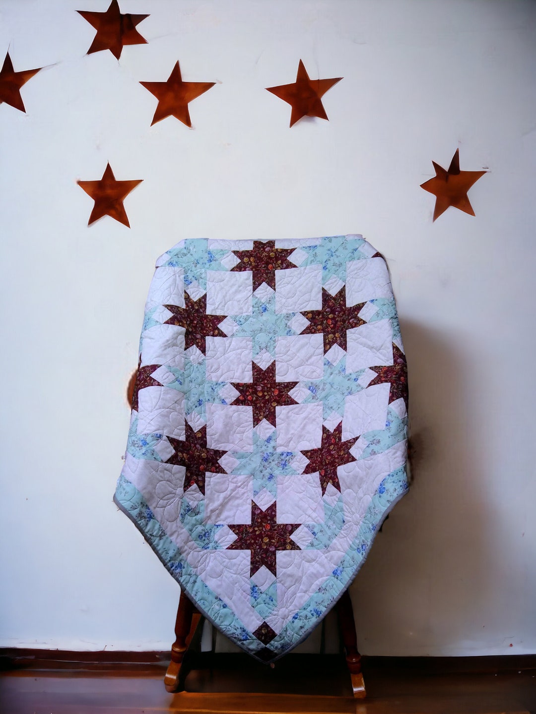 Sky Blue and Maroon Stars Quilt - Etsy