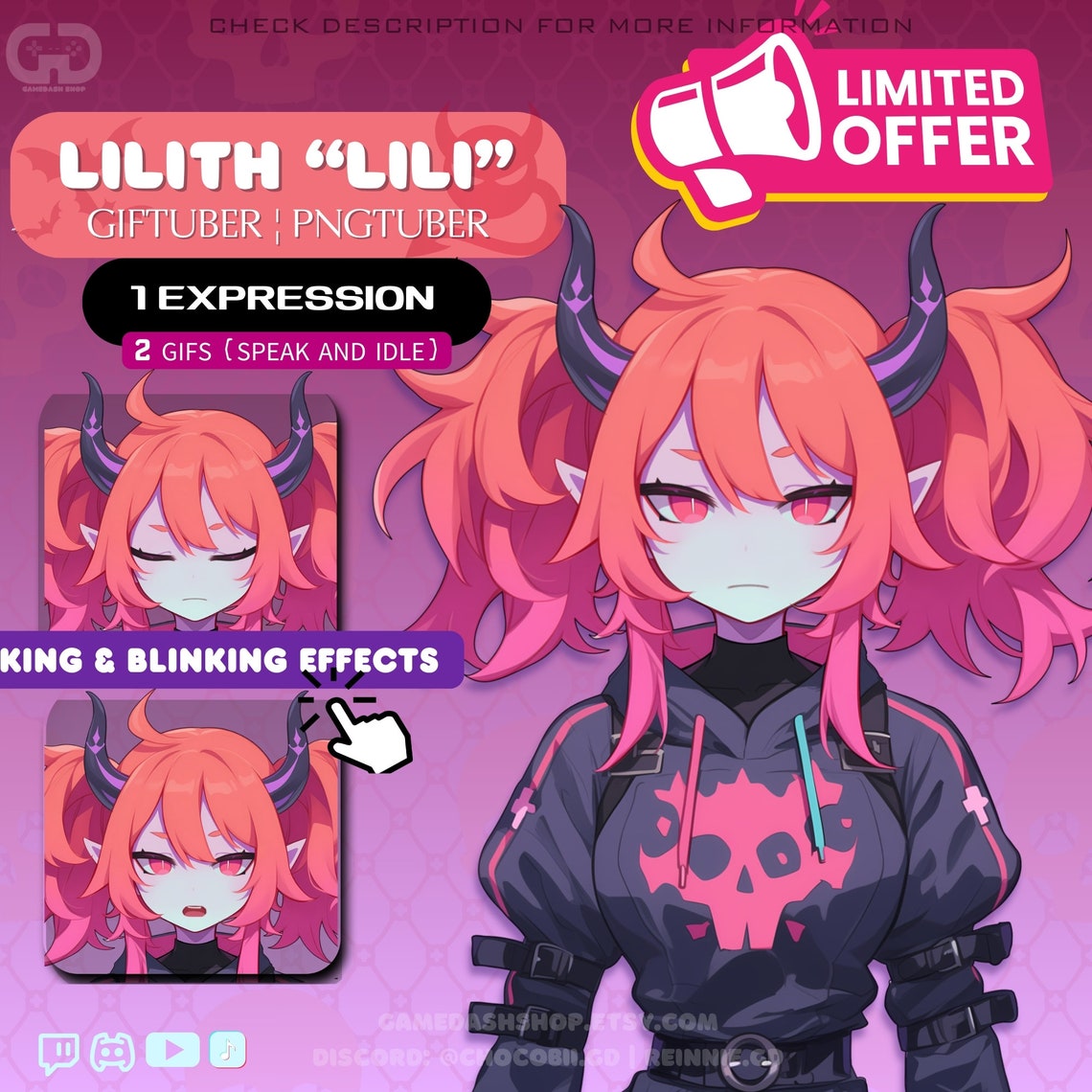 Pngtuber Demon Girl Lilith | Vtuber Avatar for Gaming Streaming | Premade Png Tuber GIF Tuber ...