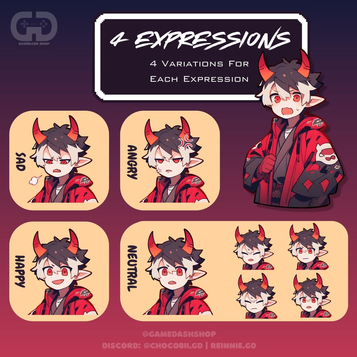 PNGTuber Tano The Oni Gamer AVEC EMOTE SET Avatar VTuber pour le ...