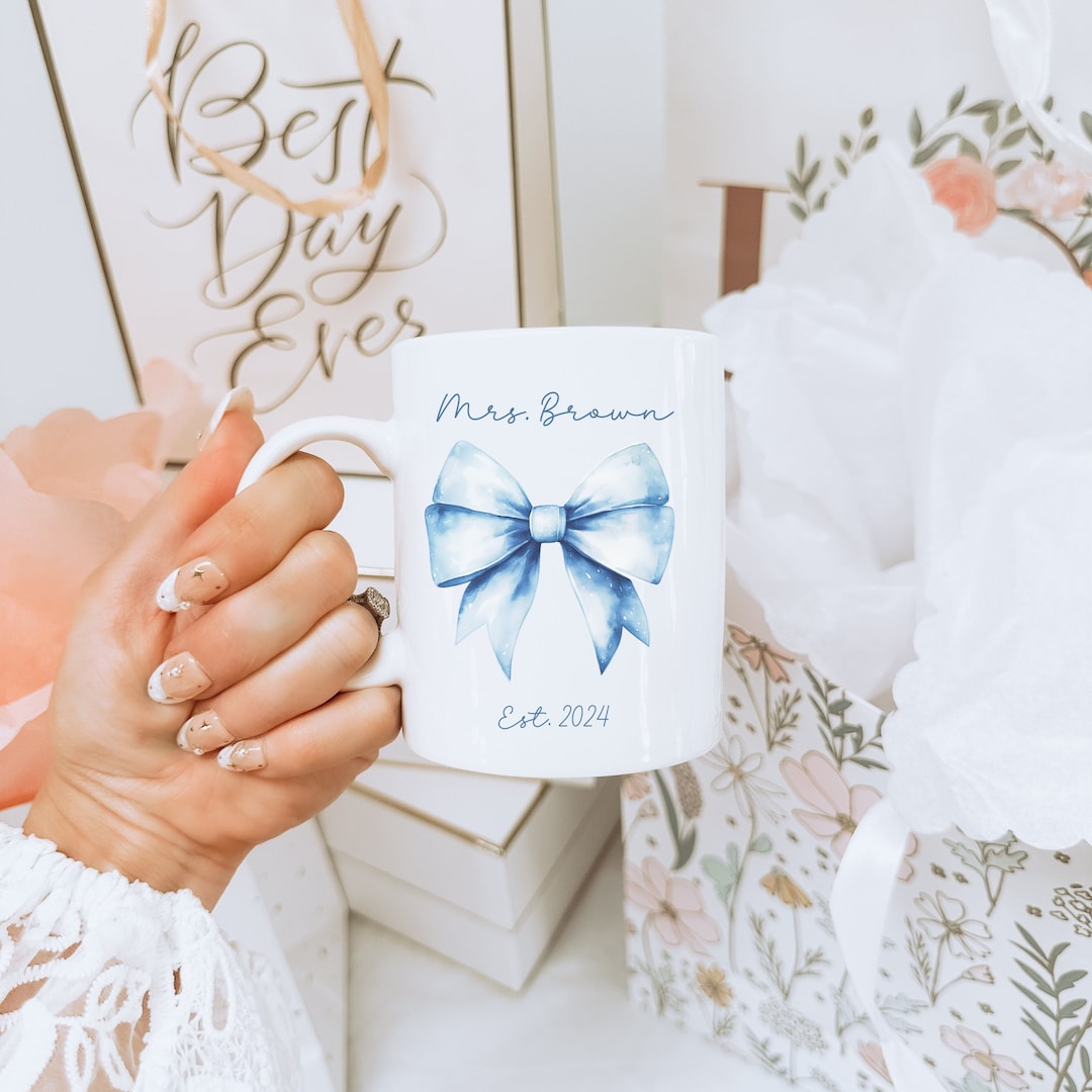 Custom Bridal Shower Mug for Bride Blue Coquette Gift for Bride to Be ...