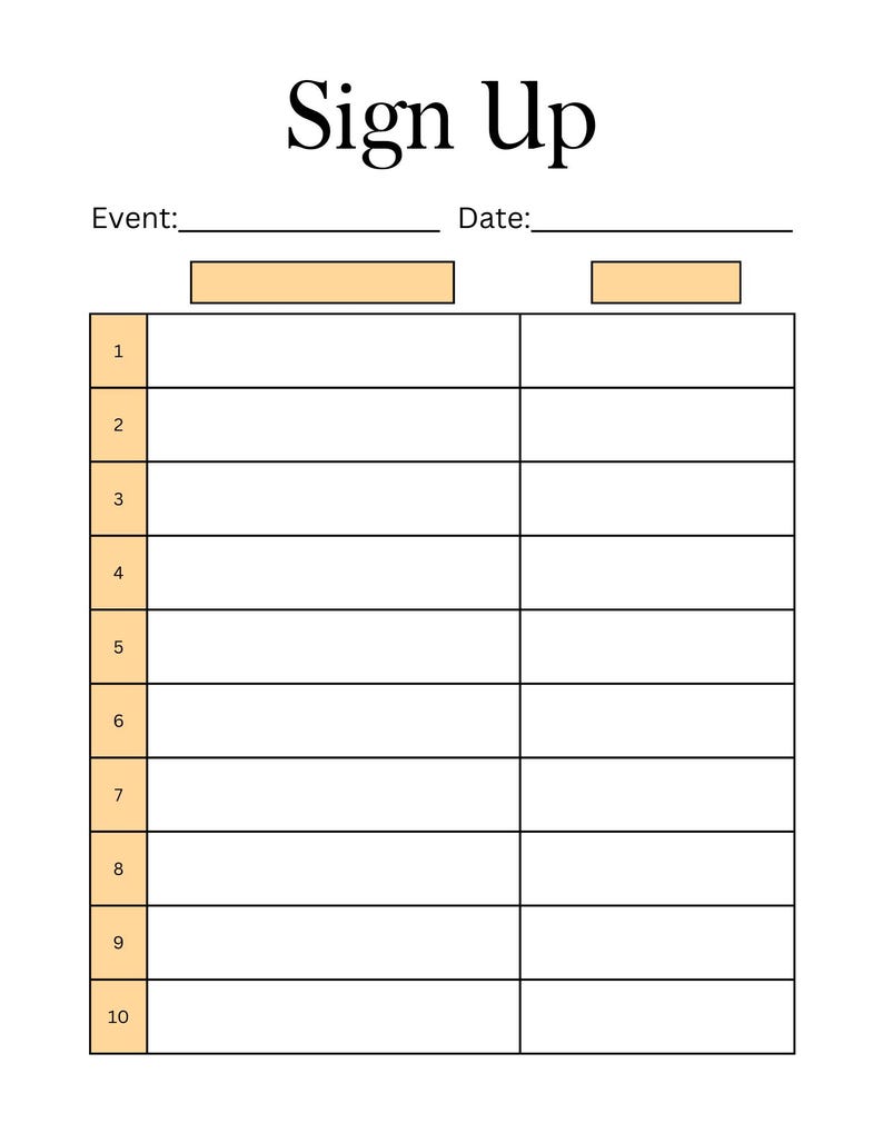 Sign up Sheet, Printable Sign up Sheet, Sign up Form, Event Sign up ...