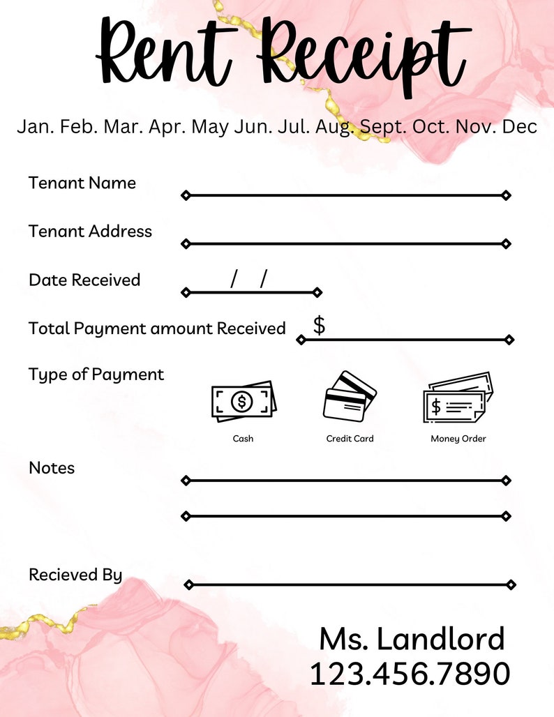 Rent Receipt, Rental Receipt, Rent Receipt for Landlords, Editable Rent ...