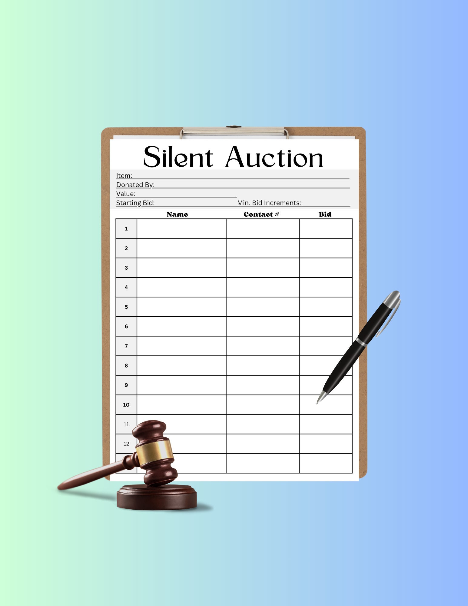 Printable Silent Auction Bid Sheet, Silent Auction Sign up Sheet ...