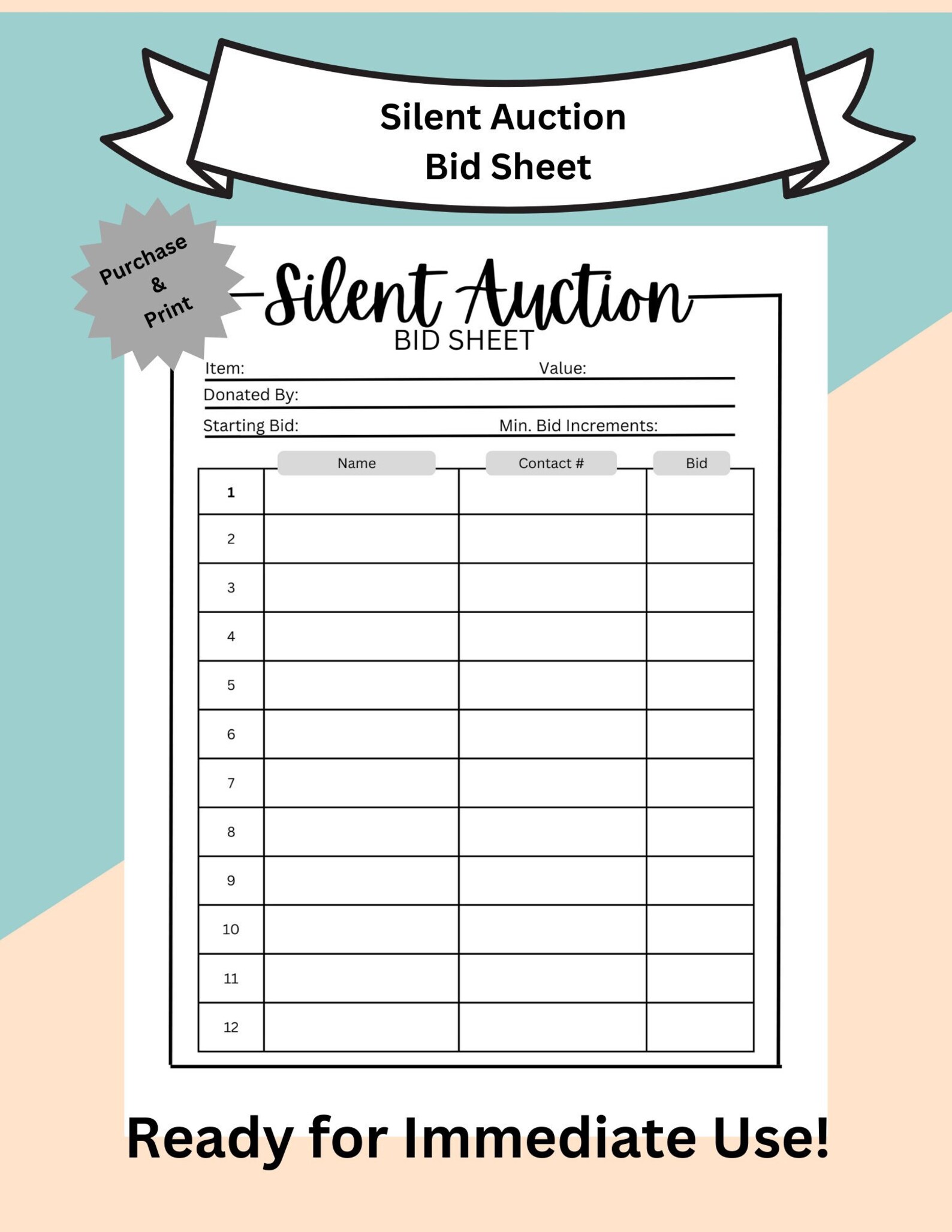 Printable Silent Auction Bid Sheet, Silent Auction Sign up Sheet ...