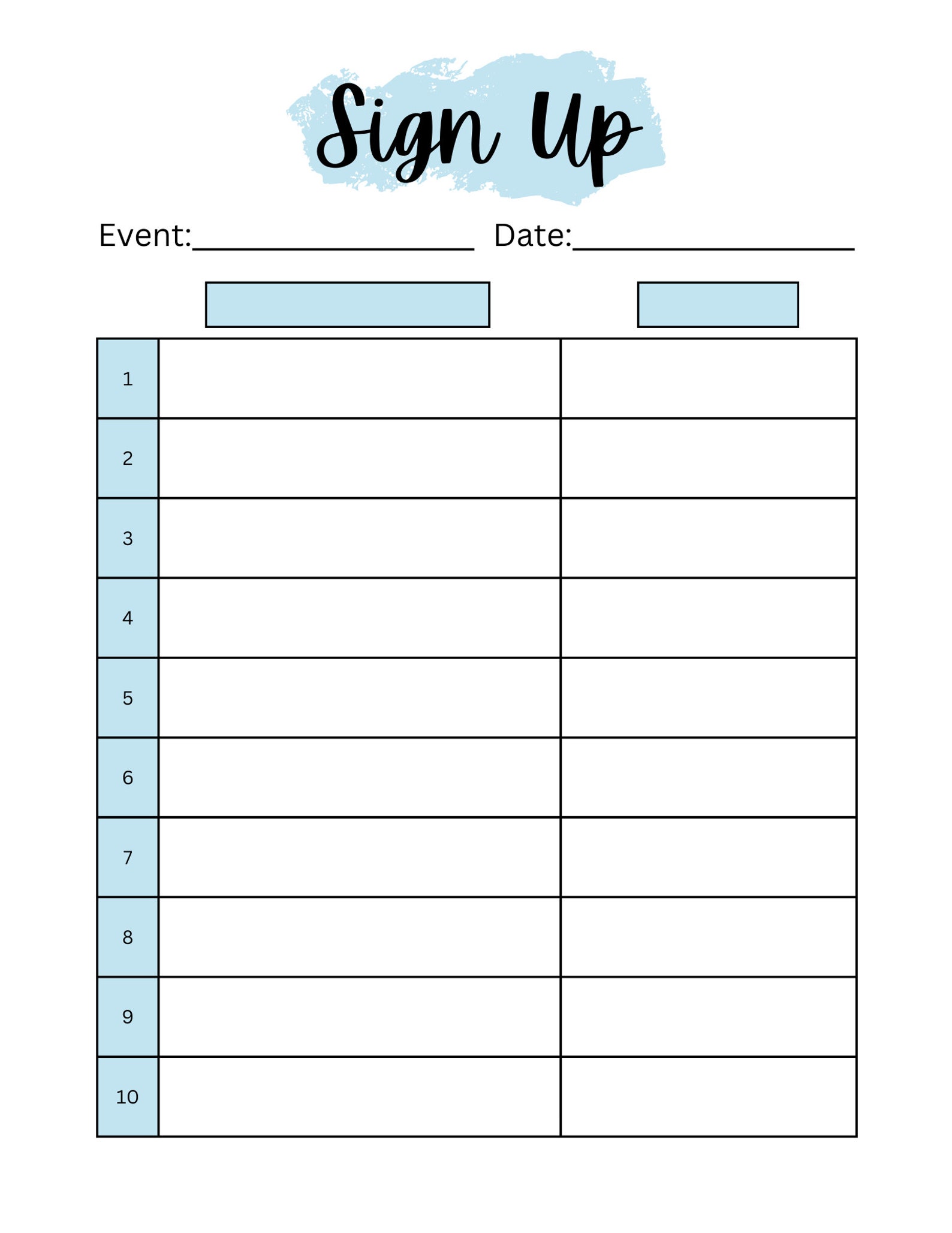 Sign up Sheet, Printable Sign up Sheet, Sign up Form, Event Sign up ...