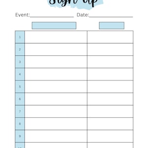 Sign up Sheet, Printable Sign up Sheet, Sign up Form, Event Sign up ...