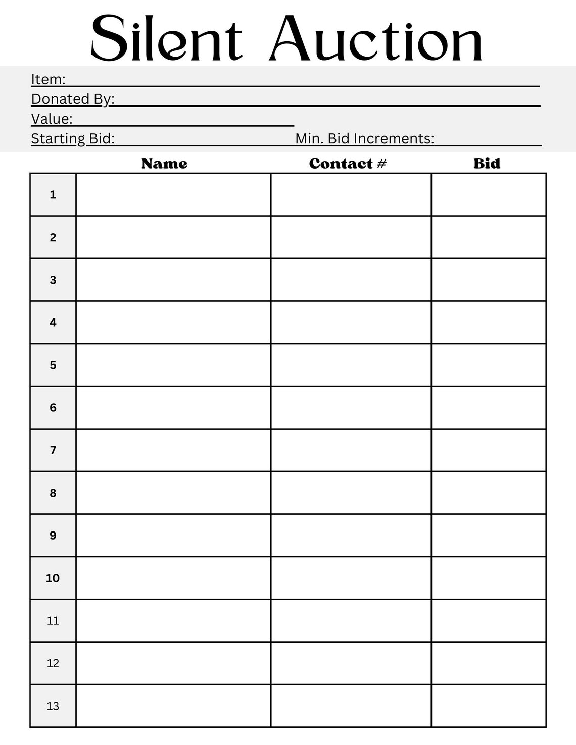 Printable Silent Auction Bid Sheet, Silent Auction Sign up Sheet ...
