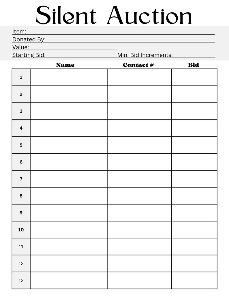 Printable Silent Auction Bid Sheet, Silent Auction Sign up Sheet ...