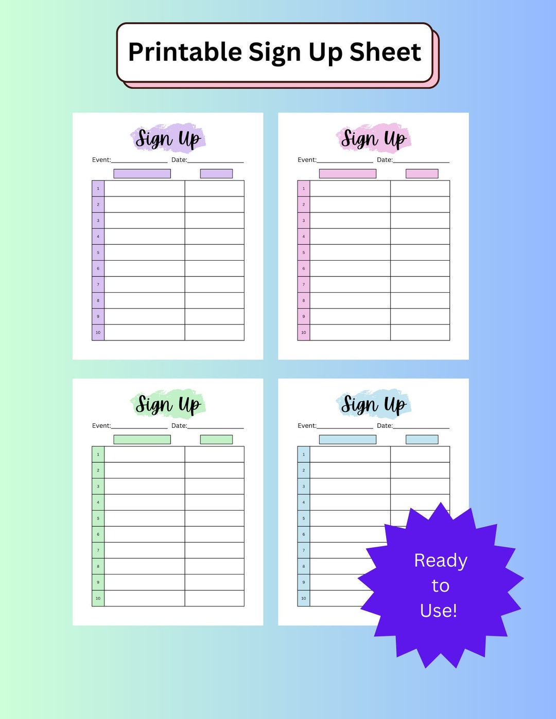 Sign up Sheet, Printable Sign up Sheet, Sign up Form, Event Sign up ...