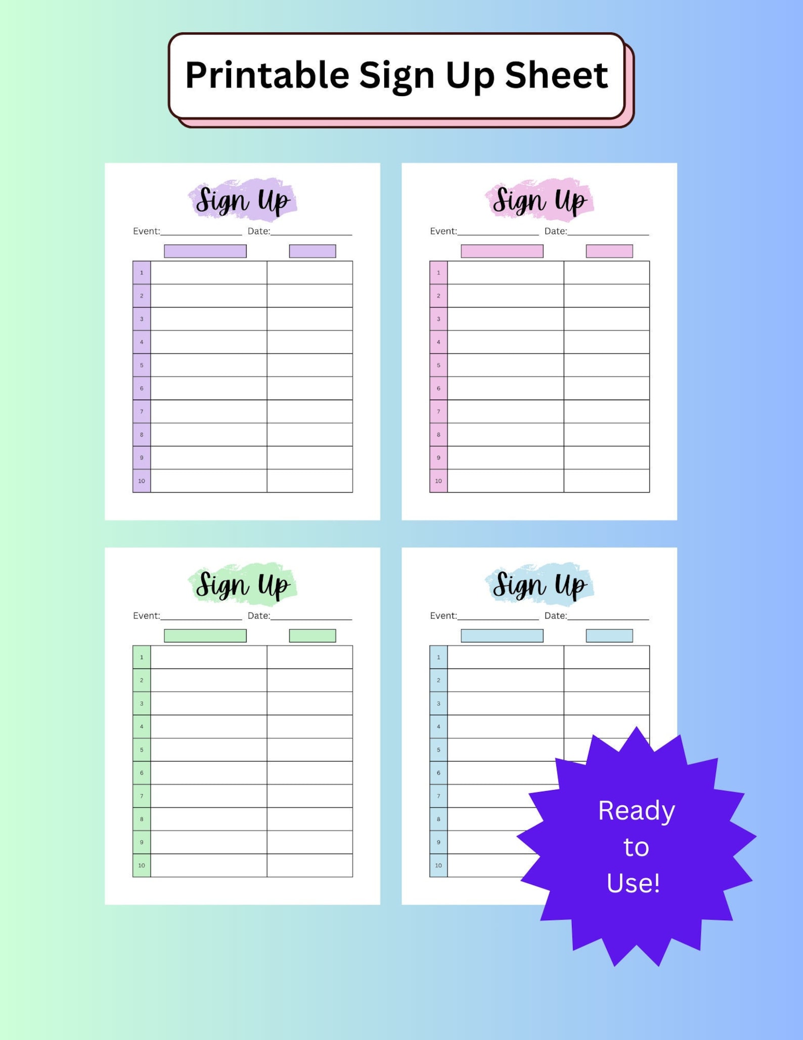 Sign up Sheet, Printable Sign up Sheet, Sign up Form, Event Sign up ...