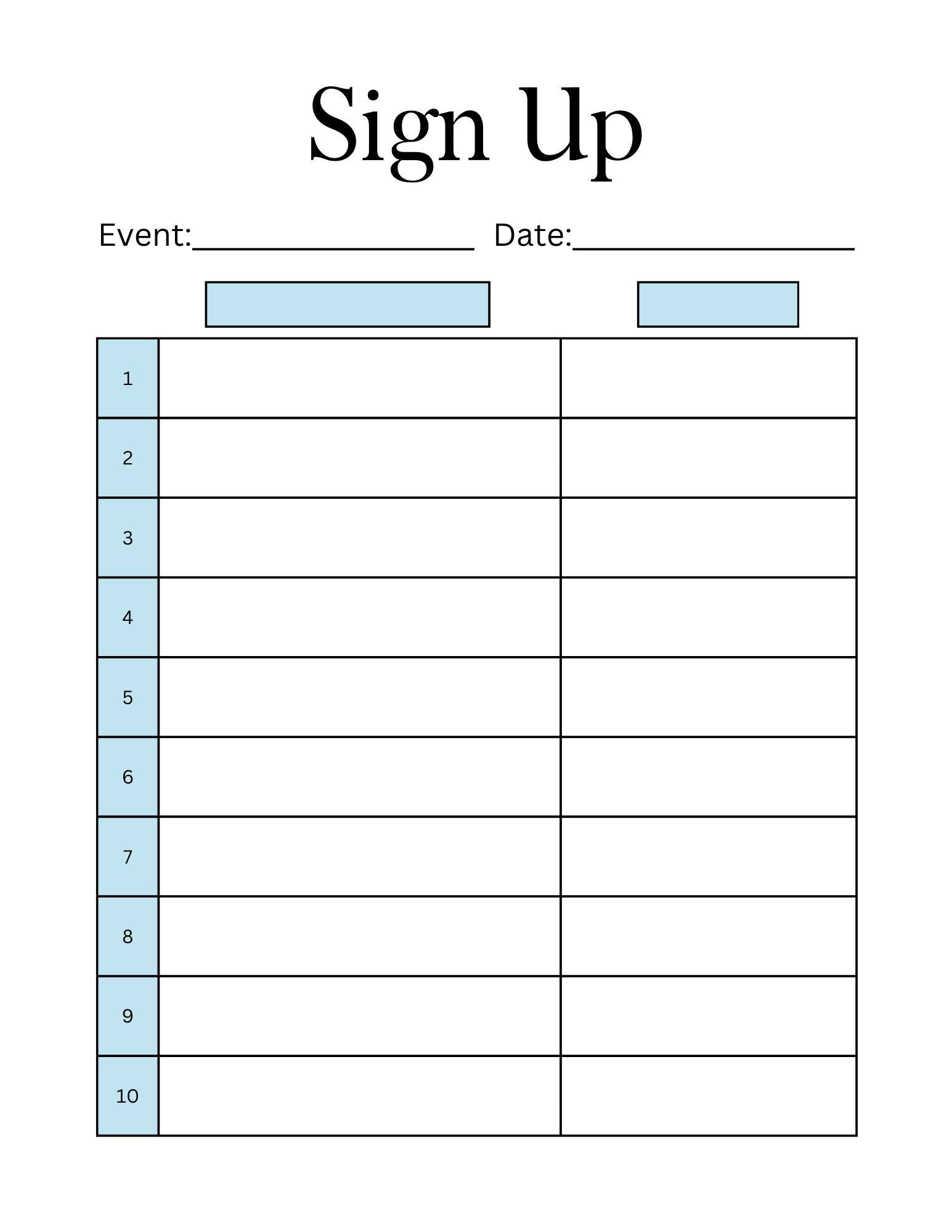Sign up Sheet, Printable Sign up Sheet, Sign up Form, Event Sign up ...