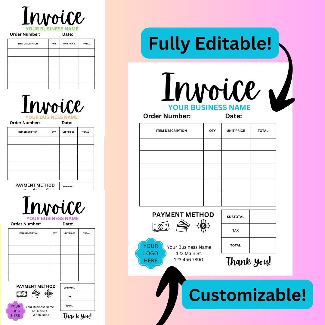 Customizable Invoice Template, Multi-pack Invoice Templates, Receipt ...