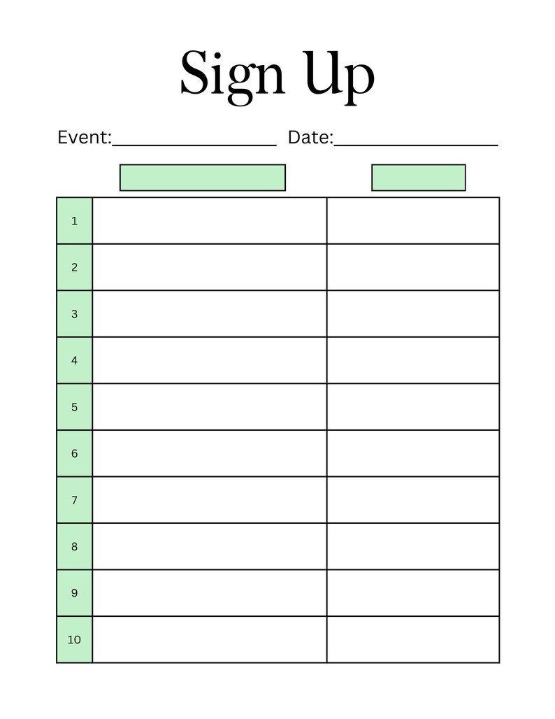 Sign up Sheet, Printable Sign up Sheet, Sign up Form, Event Sign up ...