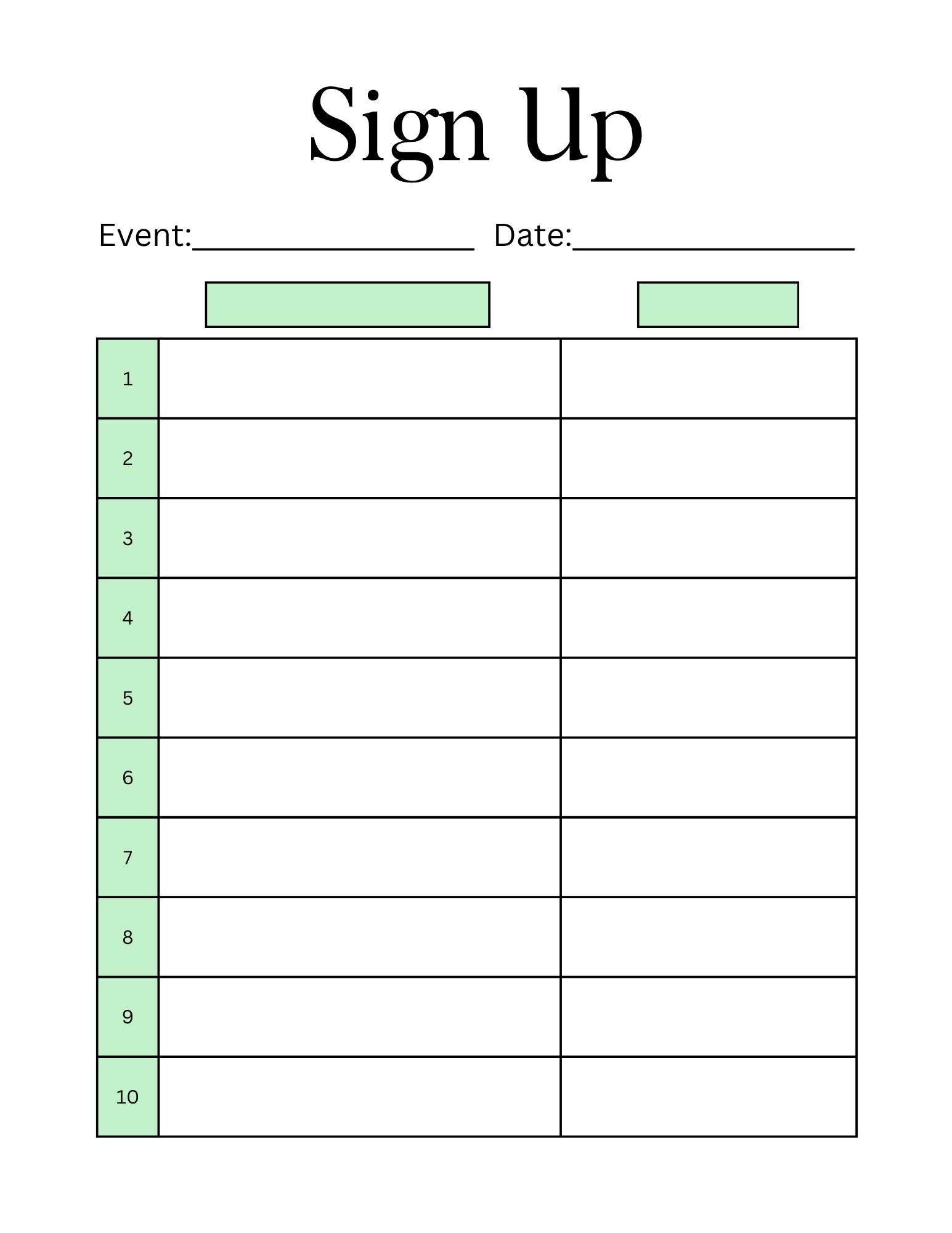Sign up Sheet, Printable Sign up Sheet, Sign up Form, Event Sign up ...