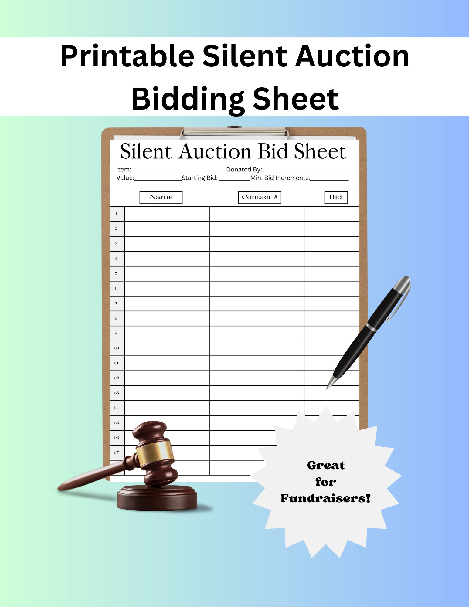 Printable Silent Auction Bid Sheet, Silent Auction Sign up Sheet ...