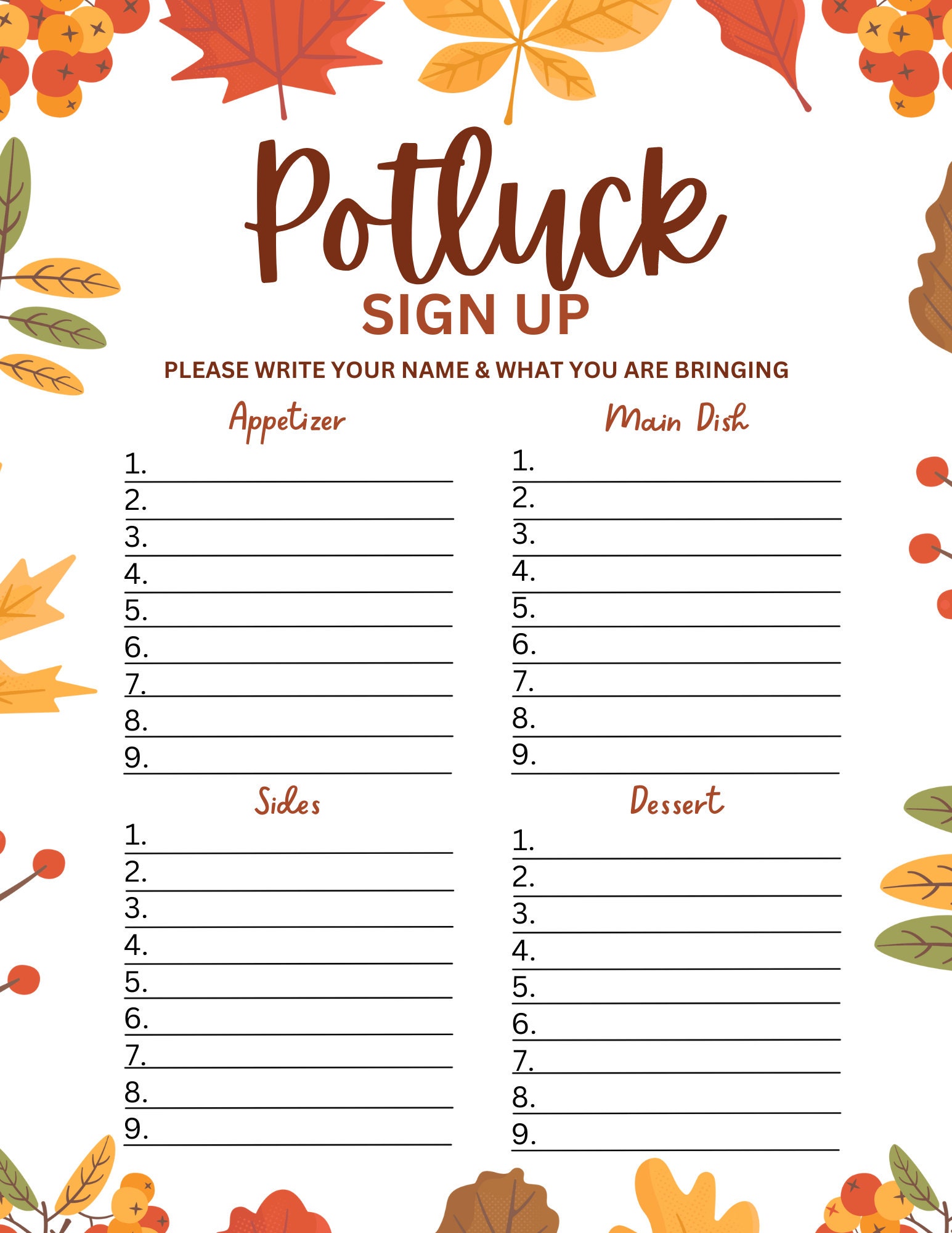 Thanksgiving Potluck Sign up Sheet, Potluck Sign up Sheet, Thanksgiving ...