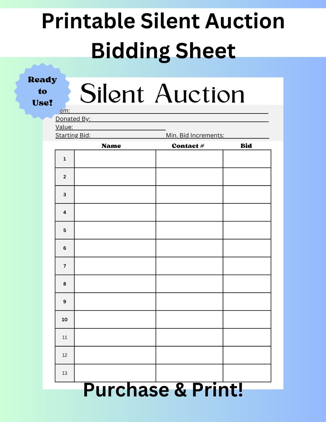 Printable Silent Auction Bid Sheet, Silent Auction Sign up Sheet ...