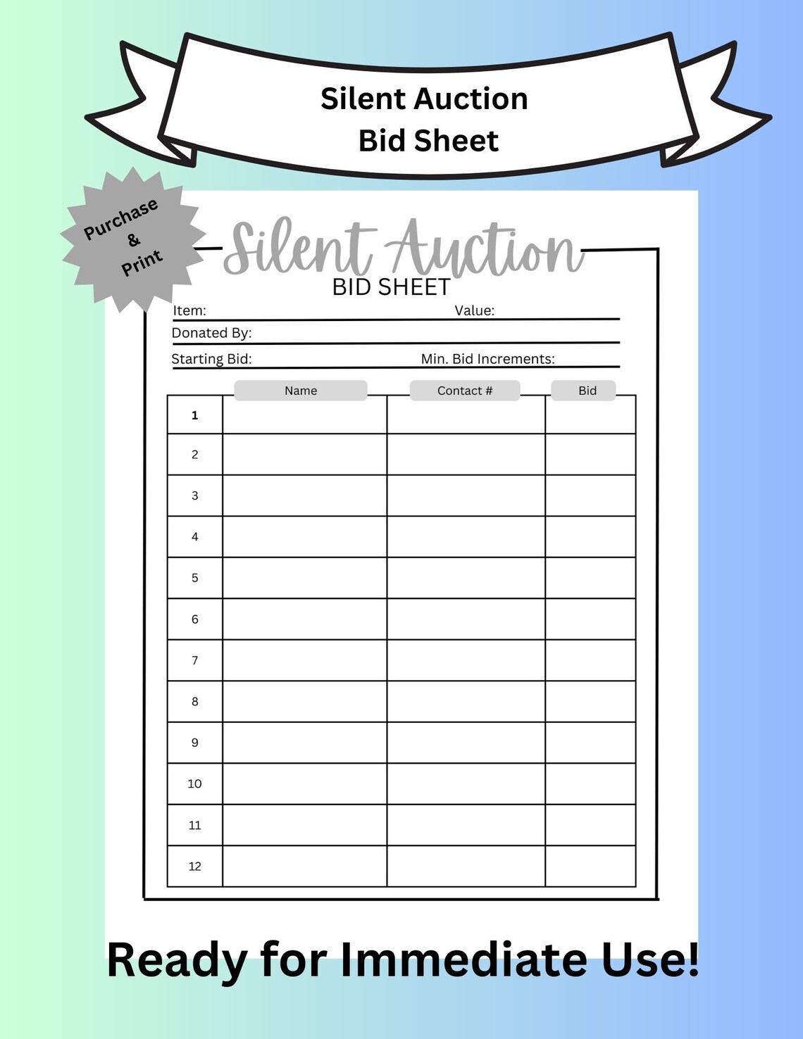 Printable Silent Auction Bid Sheet, Silent Auction Sign up Sheet ...
