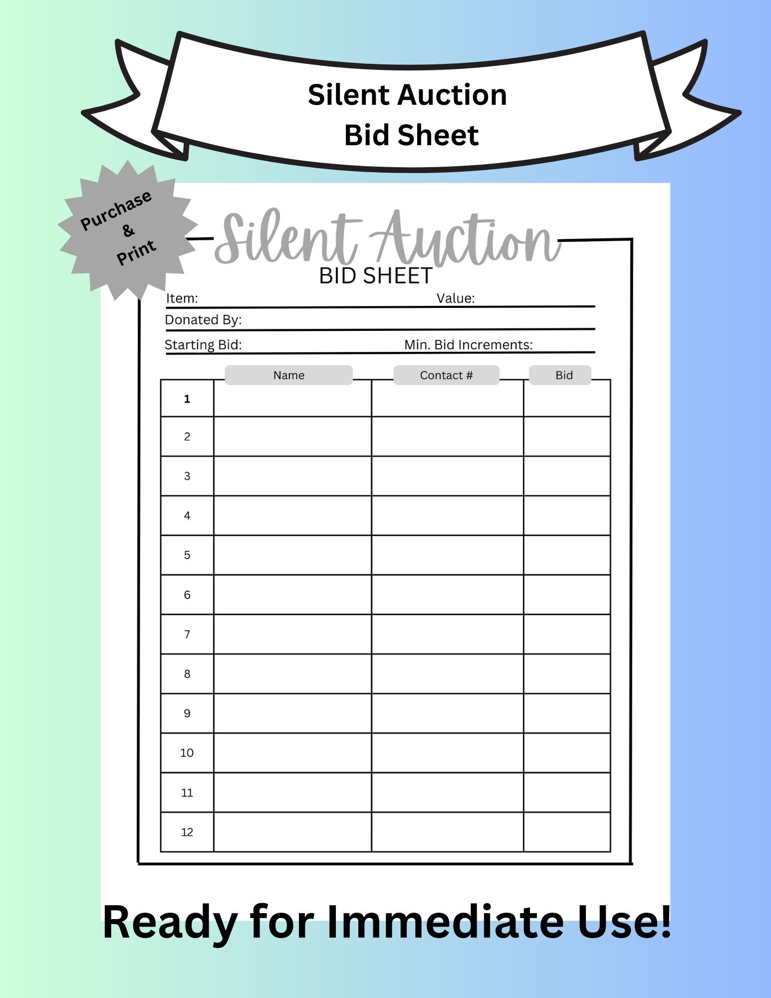 Printable Silent Auction Bid Sheet, Silent Auction Sign up Sheet ...