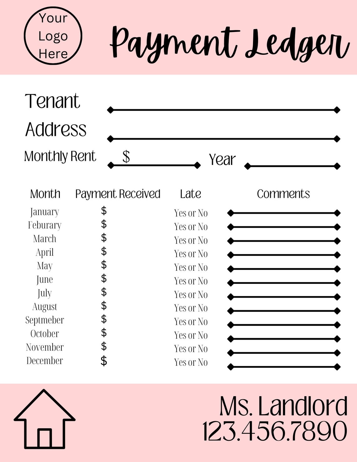 Rent Payment Ledger Template - Rental Receipt Template - Monthly Rental ...
