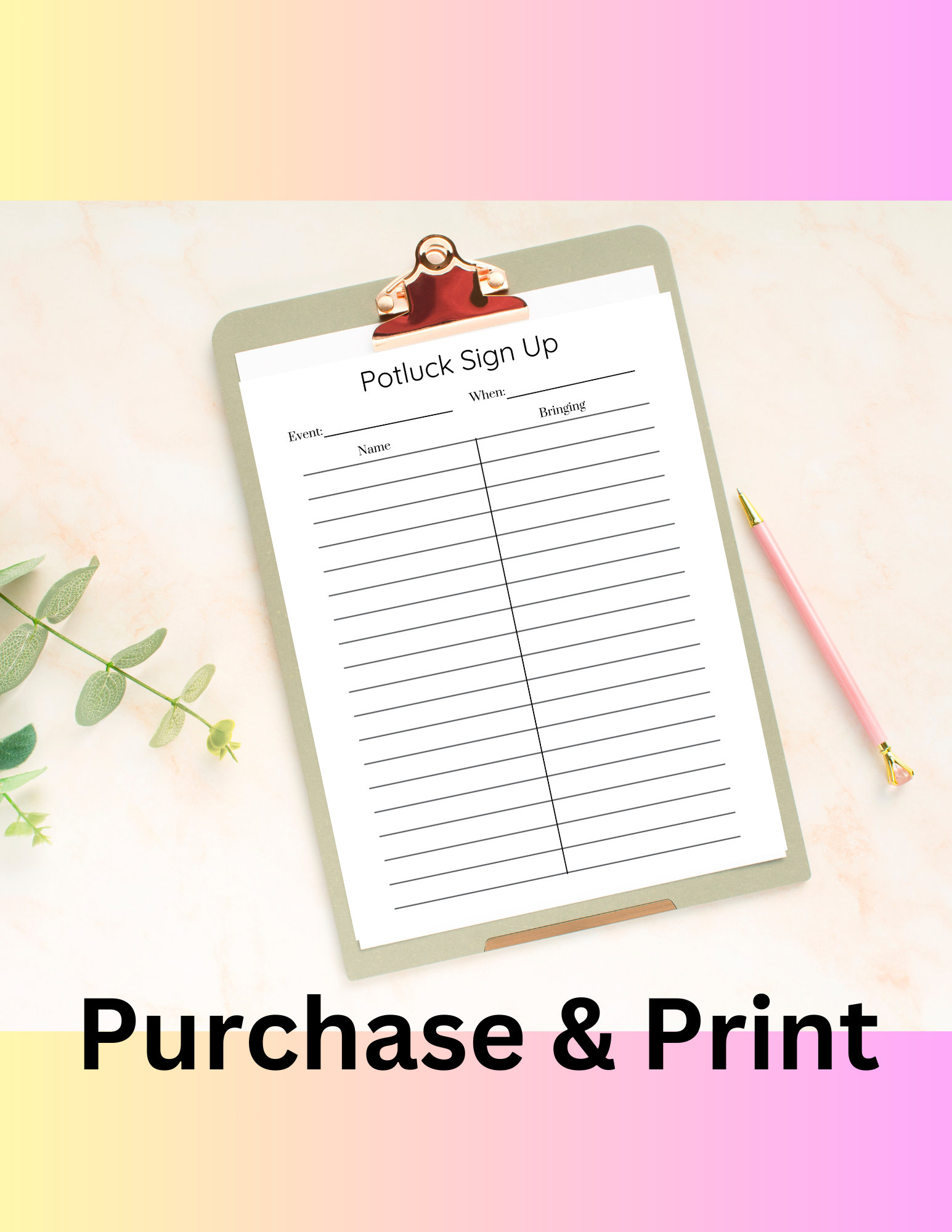 Minimalist Printable Potluck Sign-up Sheet, Easy to Print and Use Pot ...