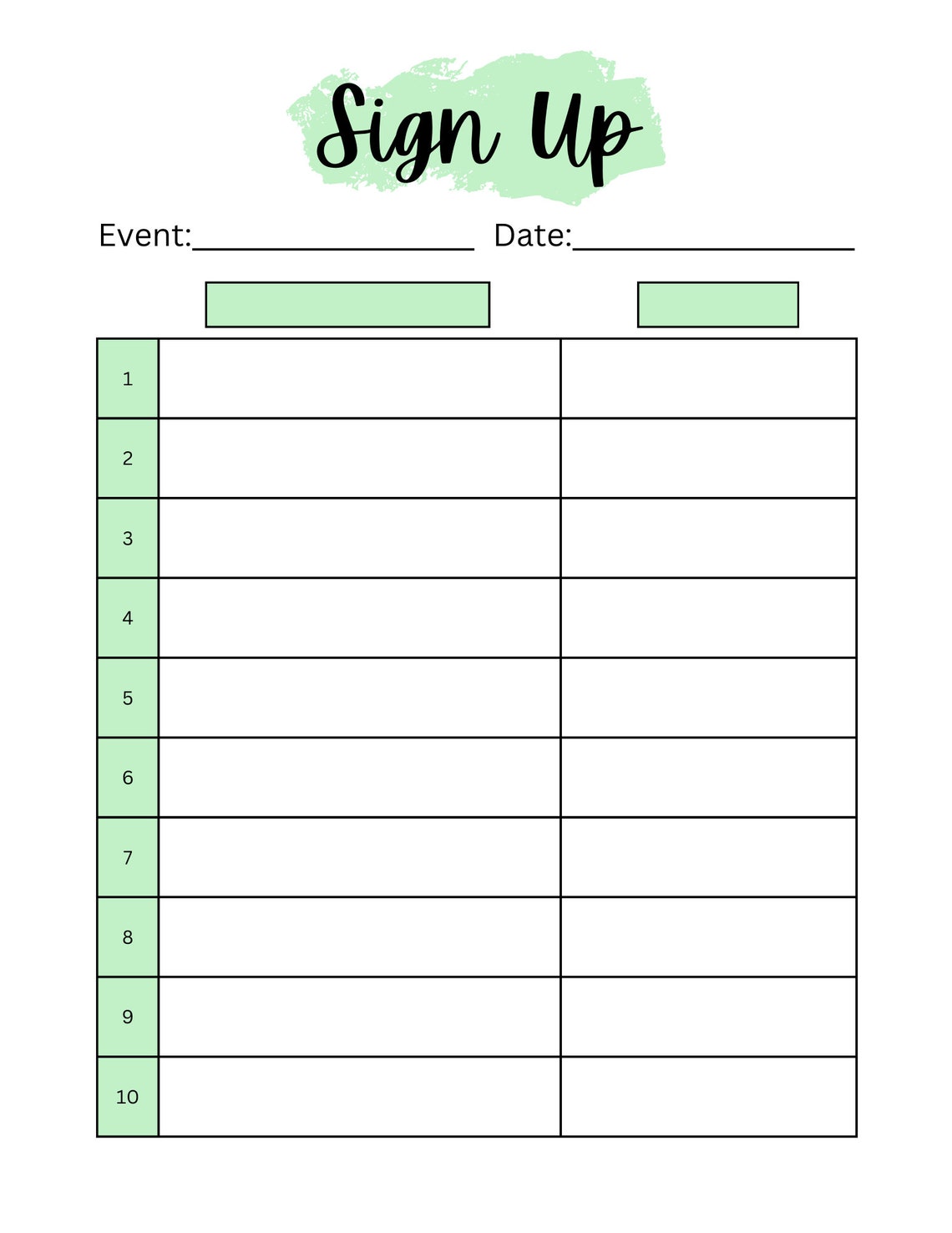 Sign up Sheet, Printable Sign up Sheet, Sign up Form, Event Sign up ...