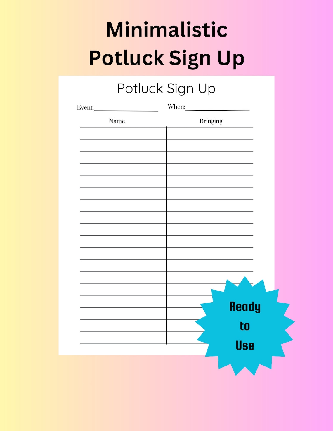 Minimalist Printable Potluck Sign-up Sheet, Easy to Print and Use Pot ...