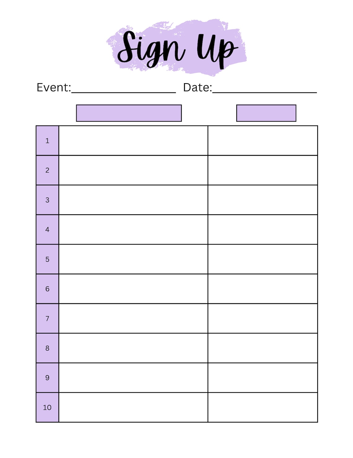 Sign up Sheet, Printable Sign up Sheet, Sign up Form, Event Sign up ...