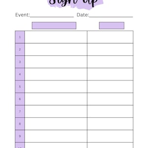 Sign up Sheet, Printable Sign up Sheet, Sign up Form, Event Sign up ...
