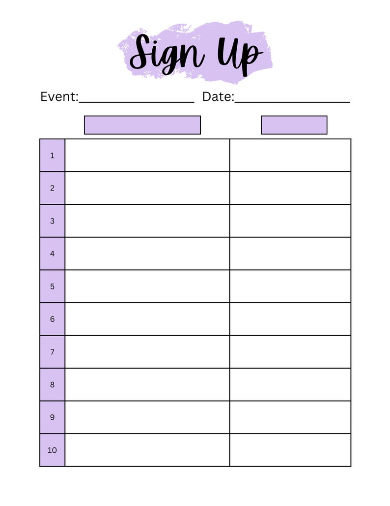 Sign up Sheet, Printable Sign up Sheet, Sign up Form, Event Sign up ...