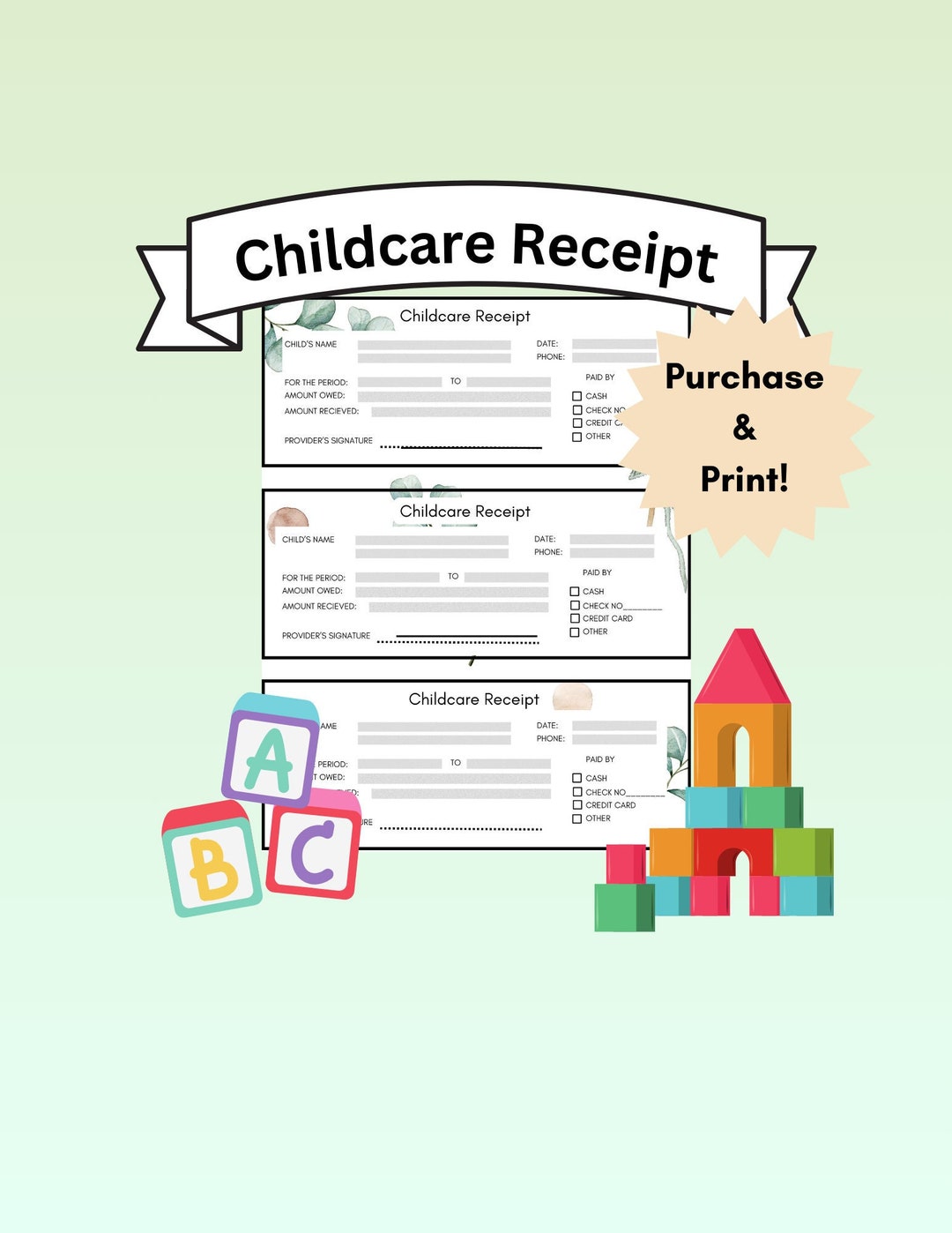Daycare Receipt, Childcare Receipt, Small Business Receipt, Receipt for ...