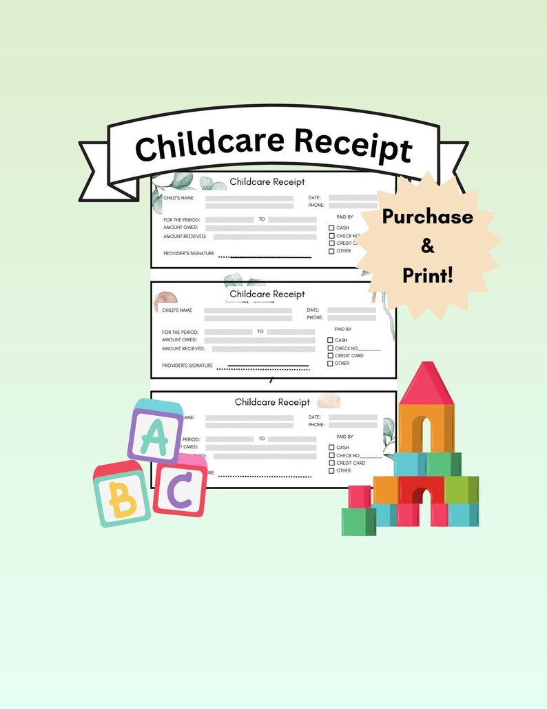 Daycare Receipt, Childcare Receipt, Small Business Receipt, Receipt for ...