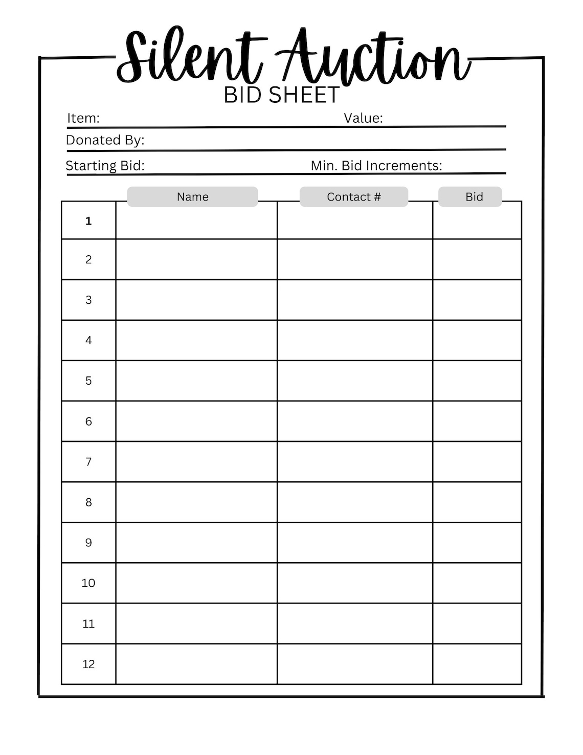 Printable Silent Auction Bid Sheet, Silent Auction Sign up Sheet ...
