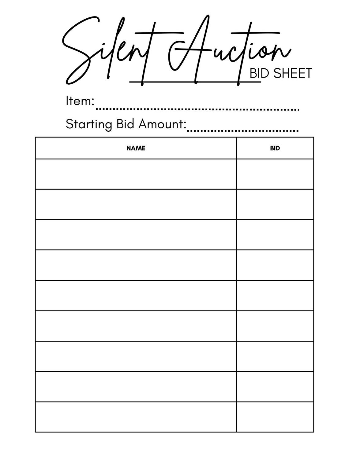 Printable Silent Auction Bid Sheet, Silent Auction Sign up Sheet ...