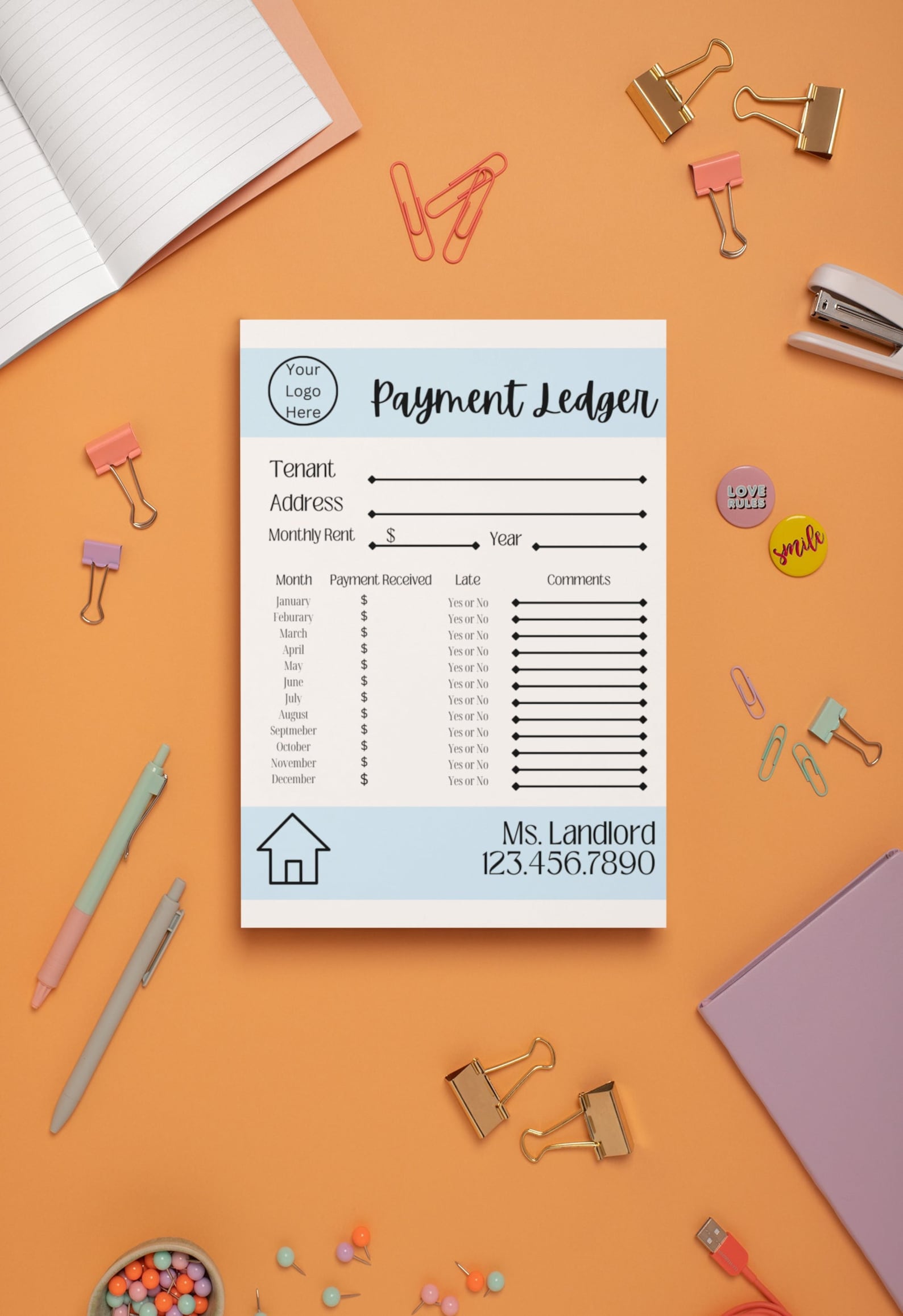 Rent Payment Ledger Template - Rental Receipt Template - Monthly Rental ...