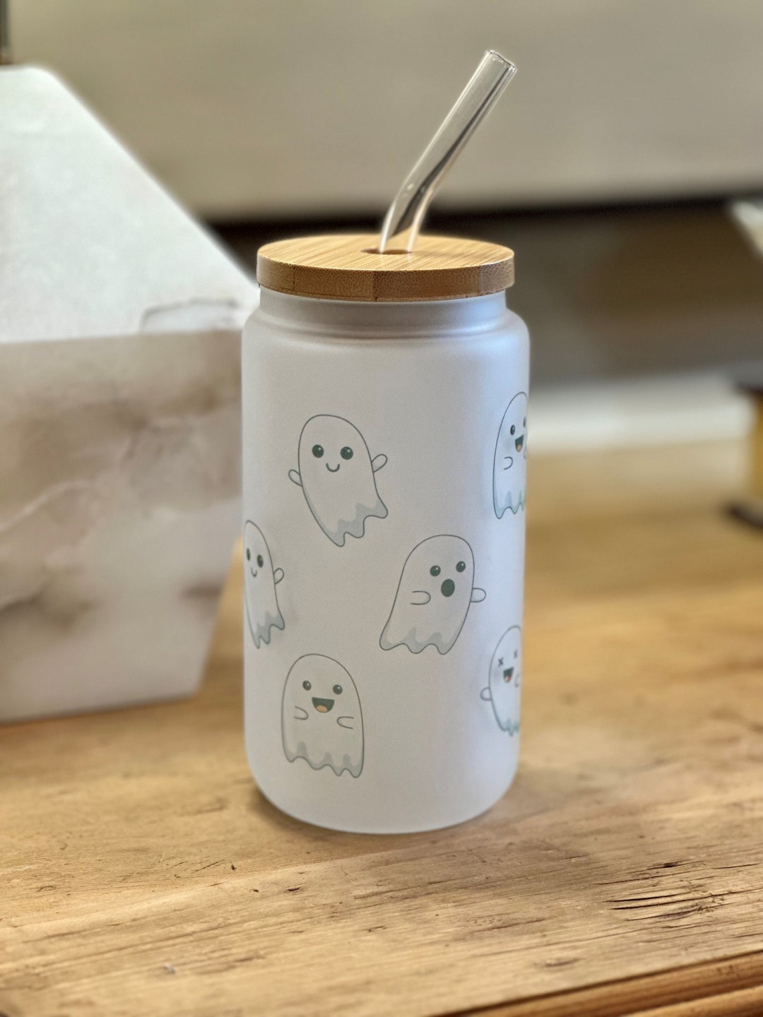 16oz Frosted Glass With Bamboo Lid/straw ghosts - Etsy