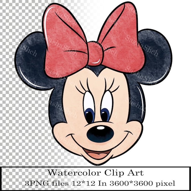 Minnie Mouse Head, Minnie Mouse Clipart, Minnie Mouse Watercolor ...