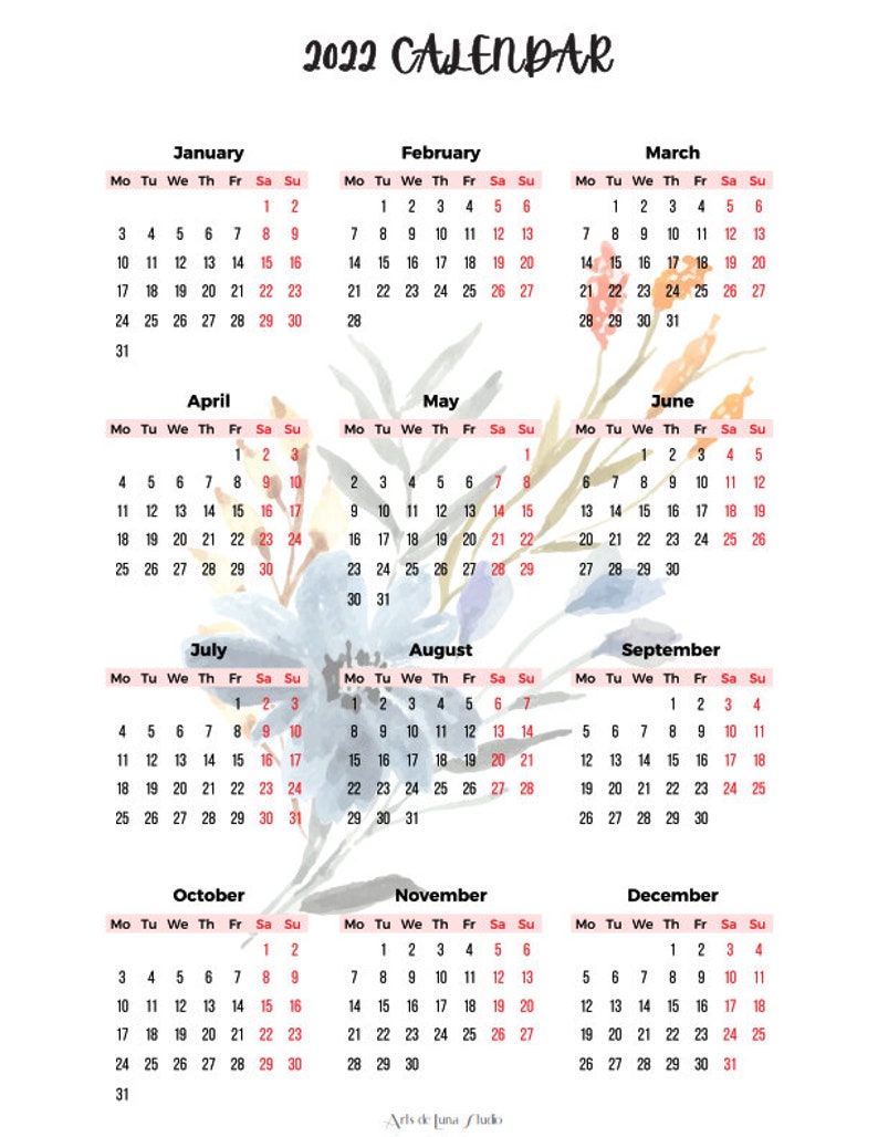 PRINTABLE CALENDAR 2022-2025 With Theme Watercolour / Printable ...
