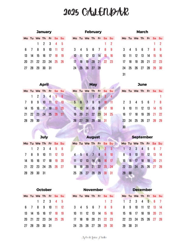 PRINTABLE CALENDAR 2022-2025 With Theme Watercolour / Printable ...