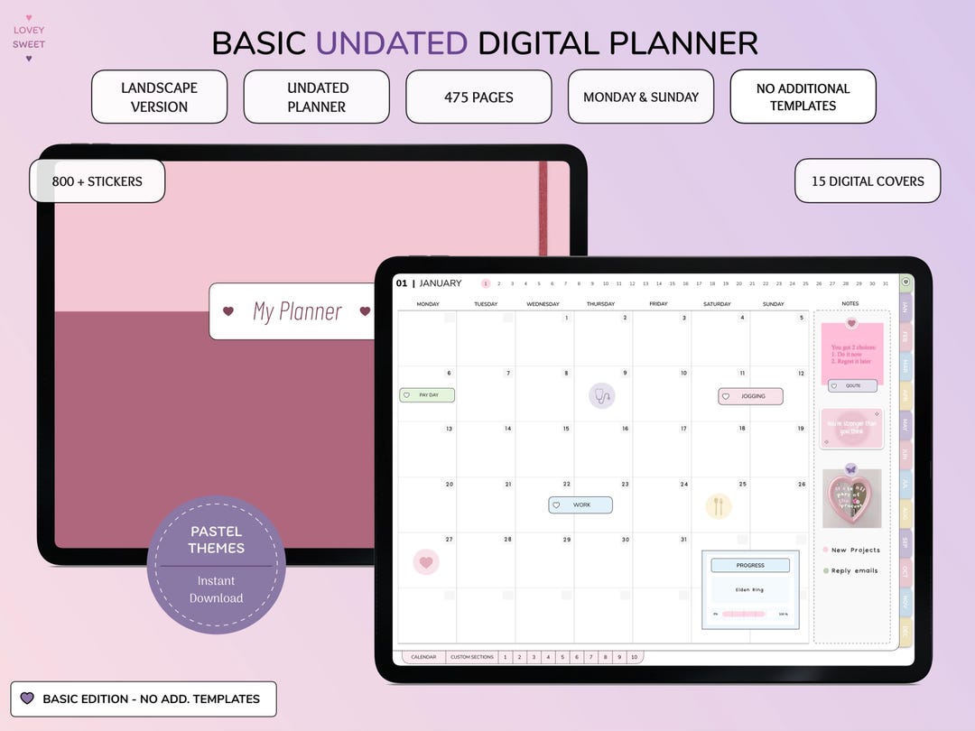 Basic Undated Digital Planner, Landscape Planner, Simple & Minimalist ...