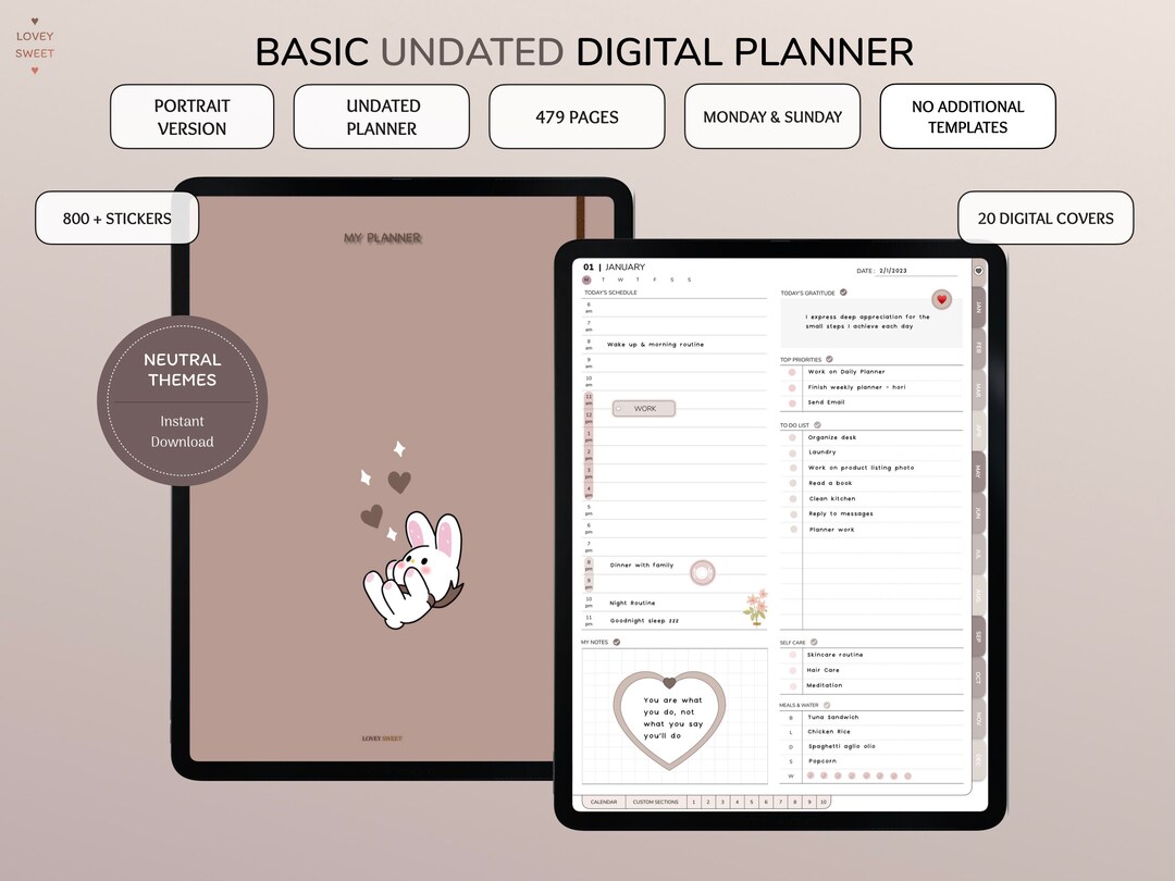 Basic Undated Digital Planner, Portrait Planner, iPad Planner, 365 Days ...